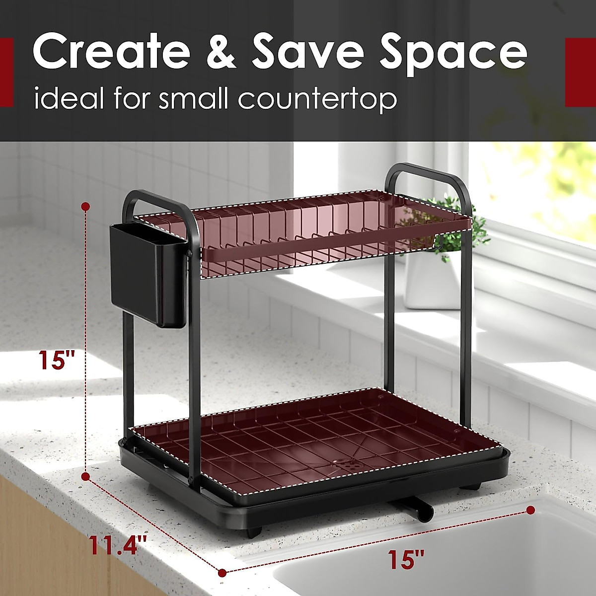 Sakugi Dish Drying Rack - Stainless Steel Dish Rack for Kitchen Counter, 2-Tier Kitchen Organizers and Storage Rack with Drainboard and Cutlery Holder, Large, Black