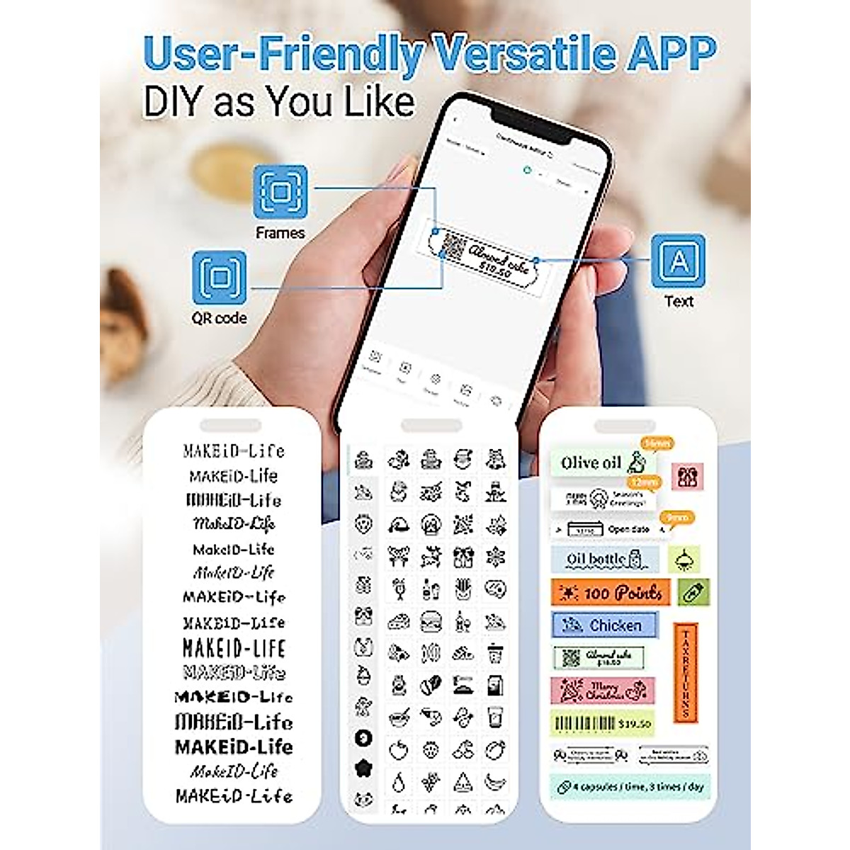 Makeid Label Makers, L1 Label Maker Machine, Portable Wireless Sticker Label Makers for Home, School, Office Use, Rechargeable Thermal Printer with Multiple Fonts, Templates - Blue, 203dpi