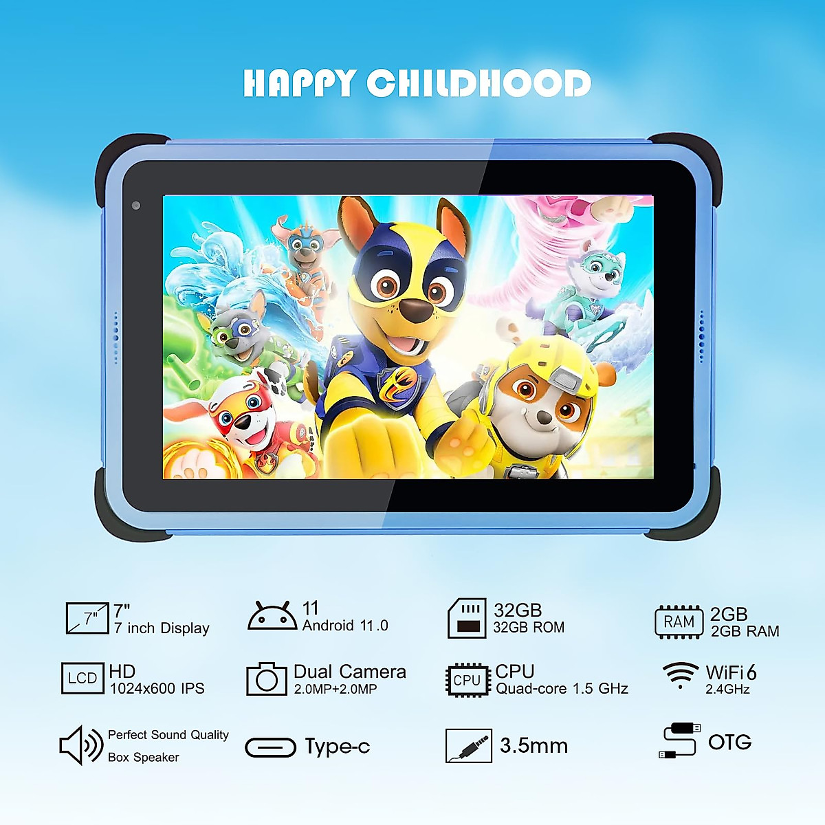 CWOWDEFU Kids Tablet 7 Inch,Android WiFi Tablet for Children,IPS HD Screen,2GB RAM 32GB ROM TF Up to 128GB,2MP+5MP,Parental Control,Kid-Proof Case with Stand,Blue