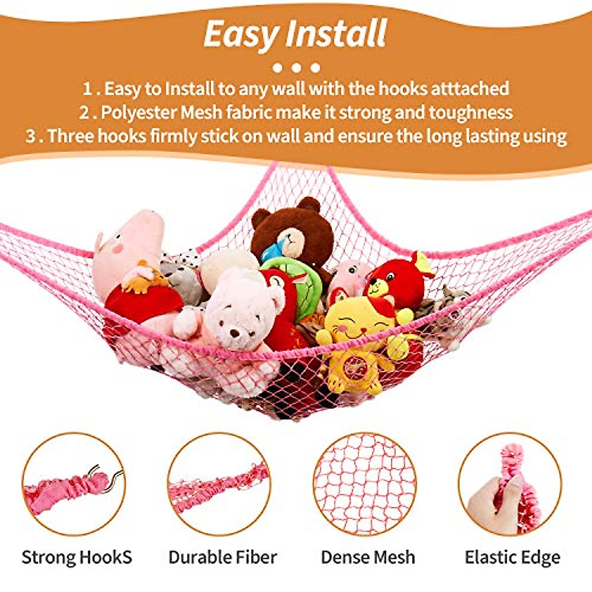 Stuffed Animal Hammock, G-Helper 70 inch Jumbo Toy Hammock Hanging Net for Stuffed Animals Corner Wall Toy Net for Kids Bedroom Pink