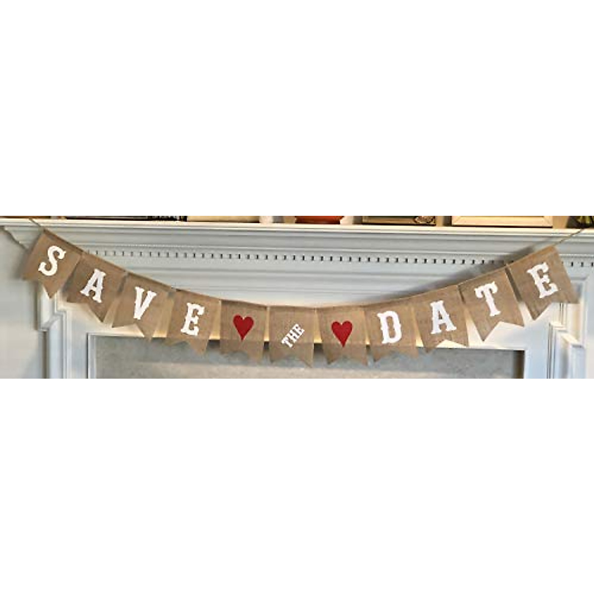 Save The Date Burlap Banner - Engagement Picture Prop Wedding Announcement - Ready to Hang Bridal Shower Decoration – White Letters & Red Hearts Garland by Jolly Jon