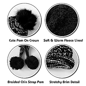 DOCILA Winter Knit Hats for Women Soft Faux Fur Pom Ear Flaps Beanie Warm Travel Ear Covers Peruvian Hat Fleece Liner Sherpa Skii Snow Camping Skully Cap (Black)