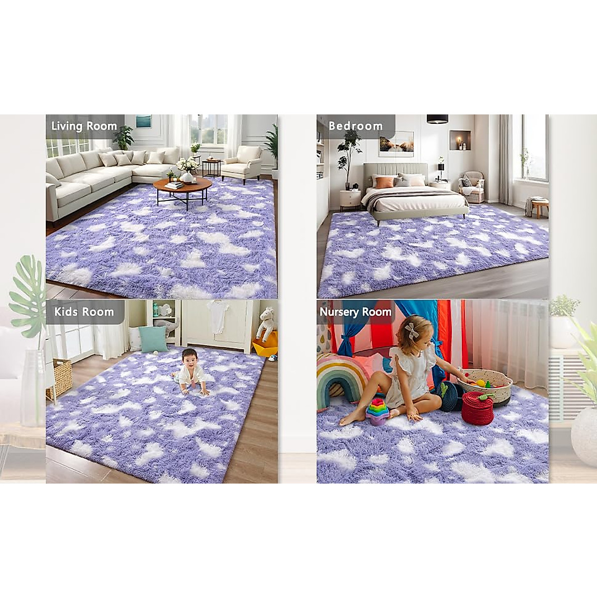 Litopyo Fluffy Bedroom Rug Carpet, 6x9 Ft Shaggy Area Rugs for Living Room, Kids Girls Room Rug, Non-Slip Indoor Plush Rug for Baby Boys Cute Nursery Rug Home Decor, Purple and White Rug