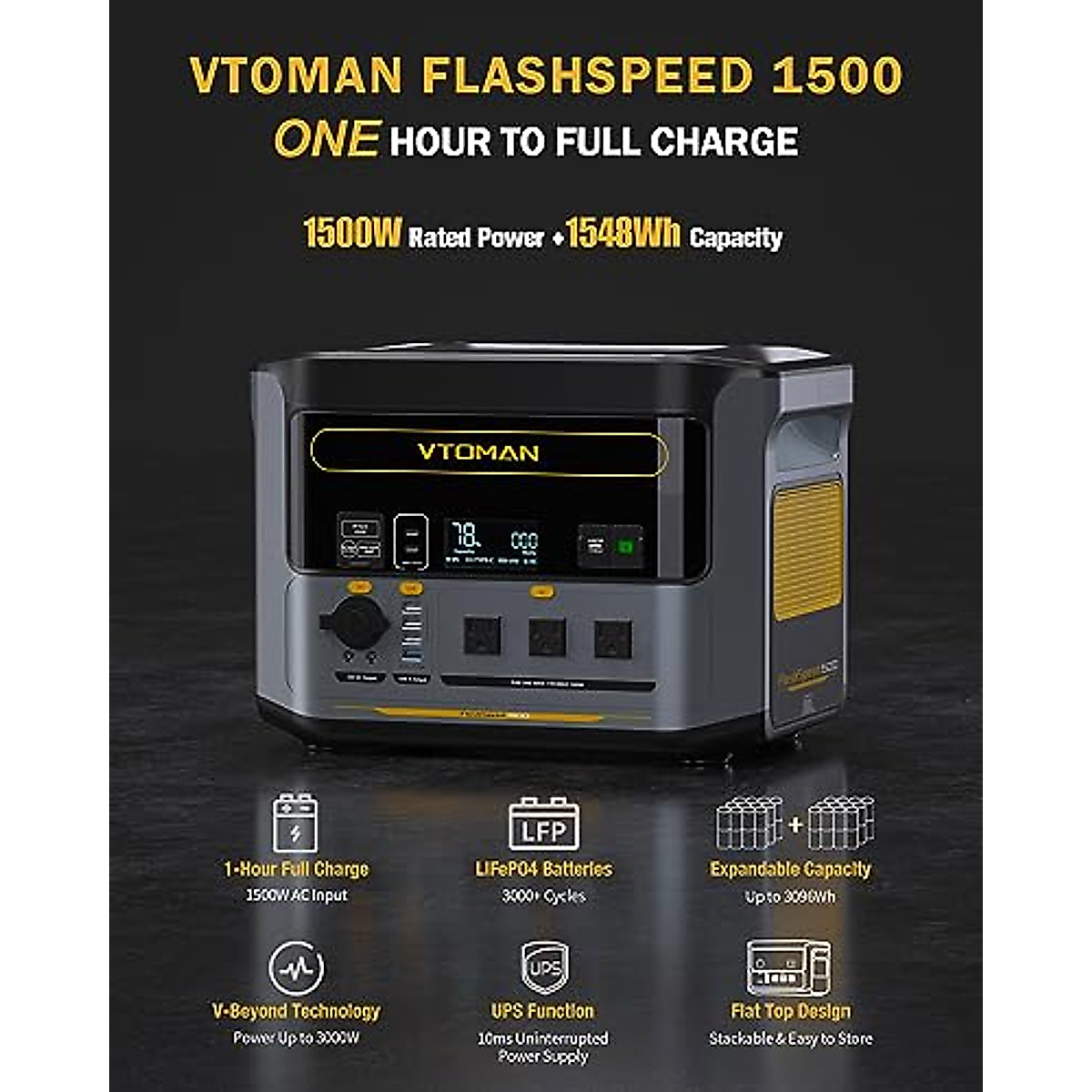 VTOMAN FlashSpeed 1500 Power Station 1548Wh Solar Generator 1500W(3000W Peak) Backup LFP Battery Expandable To 3096Wh Recharge 0-100% Within 1 Hour For Electric Backup Blackout Emergency