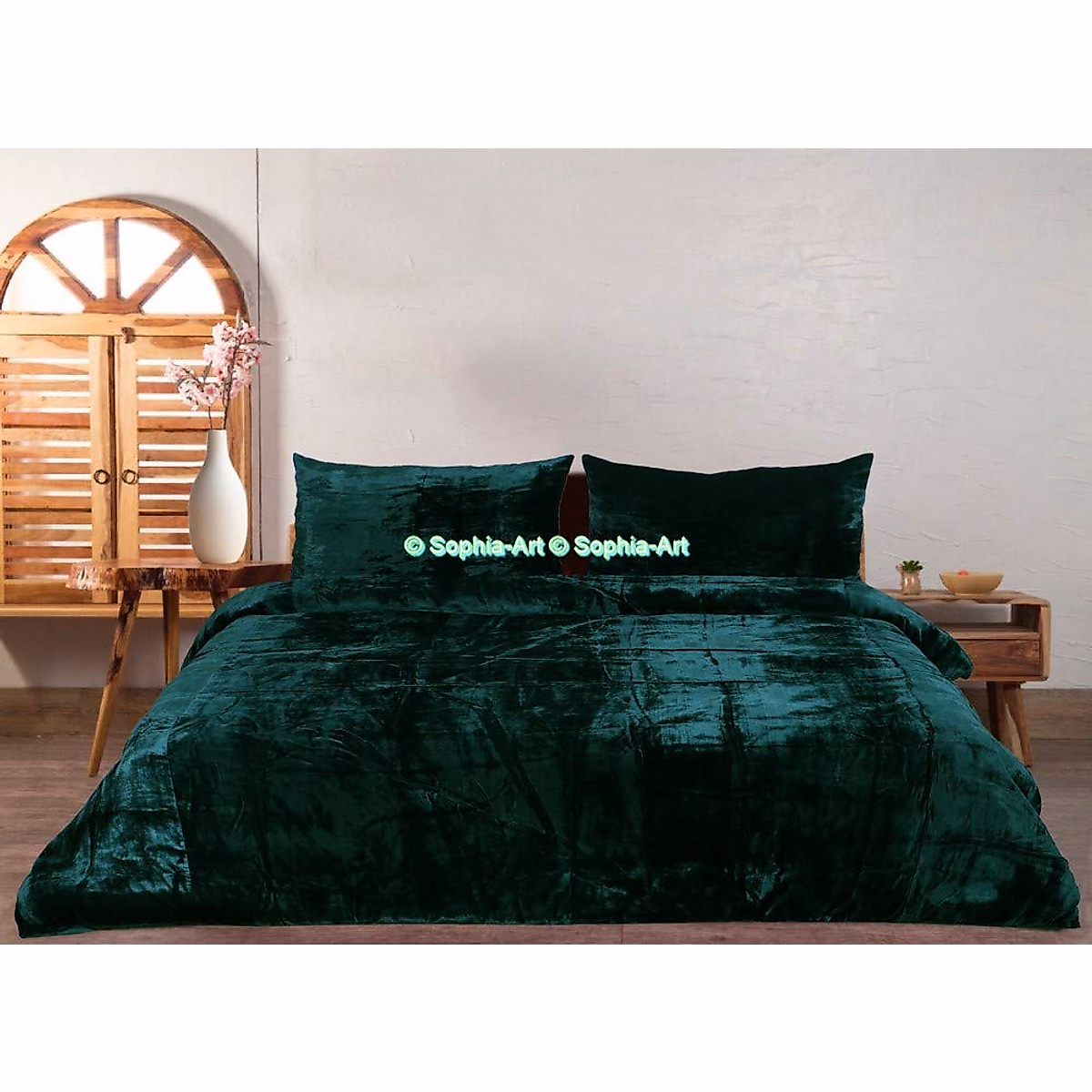 Sophia-Art 3 Pcs Ultra Luxury Rayon Velvet Bedding Boho Solid Duvet Cover UO Comforter Cover (Dark Green, King 90"x104")