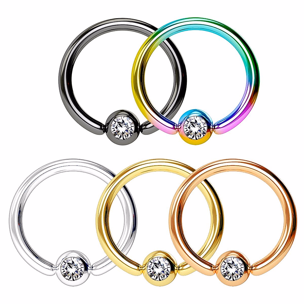 Forbidden Body Jewelry Super Value 5-Pack: 18g 8mm Surgical Steel Multi Color CBR Hoops with 3mm CZ Balls