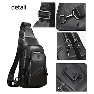 BULLCAPTAIN Mens Leather Sling Bag Backpack Casual Outdoor Shoulder Crossbody Chest Bag with USB Charging Port (Black)