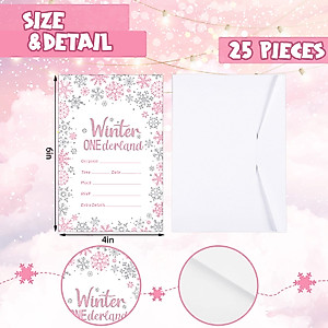 25 Pcs Winter Onederland Birthday Party Invitations with Envelopes First Birthday Decorations Winter Snowflakes Silver Pink Invitations for Holiday Winter 1st Birthday Party Supplies, 4 x 6 Inch