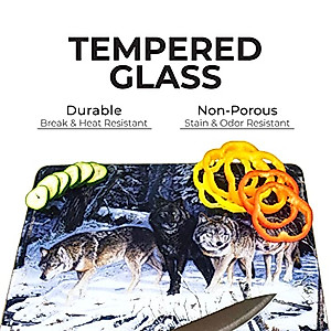 Rivers Edge Products Large 12in x 16in Decorative Tempered Glass Cutting Board, Hypoallergenic, Non Slip, Textured Surface Chopping Board for Kitchen, Pack of Wolves in the Snowy Woods, Wolf