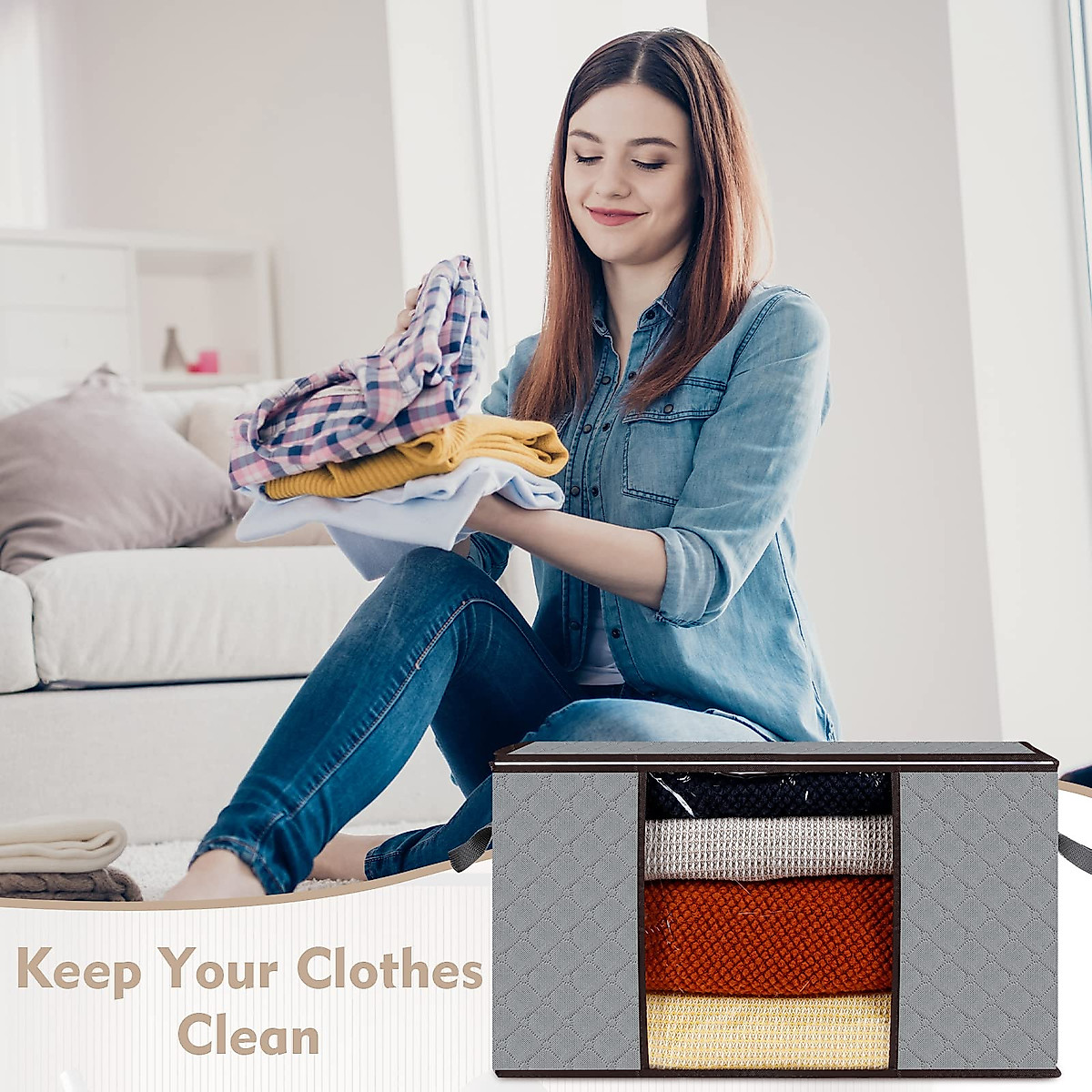 Windyun 20 Pcs 90L Large Storage Containers with Zipper Closet Storage Bags with Handle Thick Fabric Foldable Storage Bins Clear Window Clothes Organizer for Blanket Bed Sheets Pillows Toys (Gray)