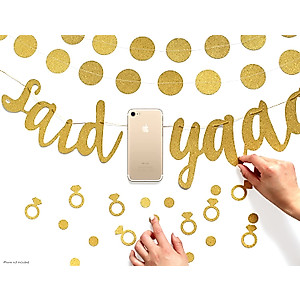 She Said Yaaas Banner, Garland & Confetti Set - Bachelorette, Engagement or Wedding Party Decorations - Sparkly Decorations with Super Fun Diamond Ring & Circle Confetti (Gold)