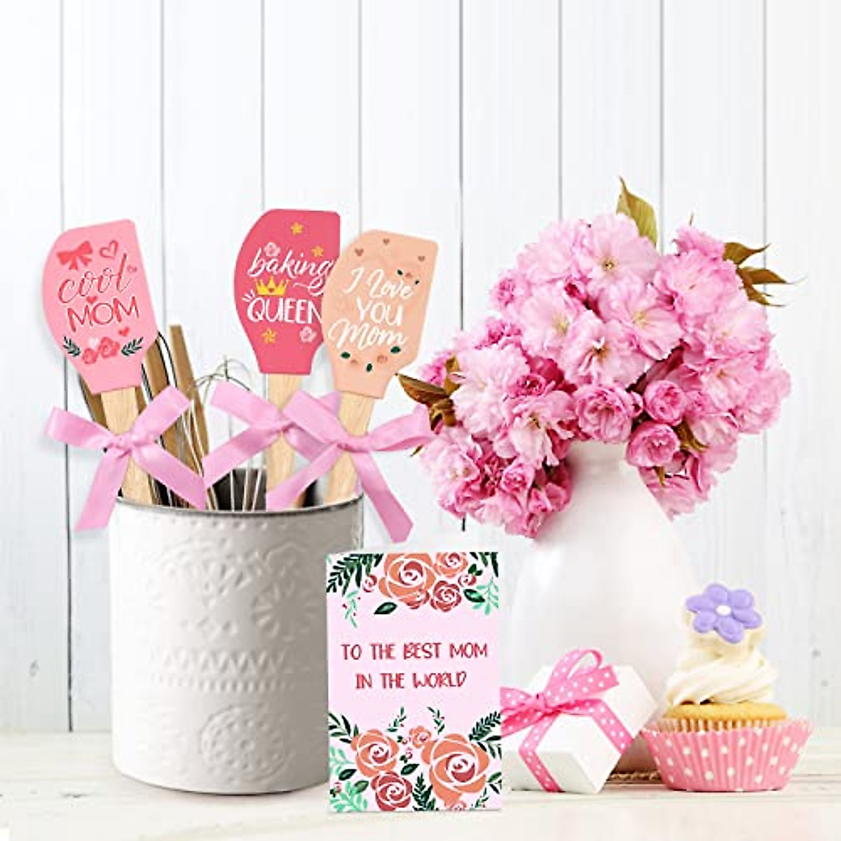 Tuitessine Mother's Day Baking Gift Silicone Spatula Mother 3PCS Kitchen Utensil Idea I Love You Mom for Grandma Wife Heat Resistant Home Mixing Food Grade with Pink Ribbon Bow Housewarming Cookware