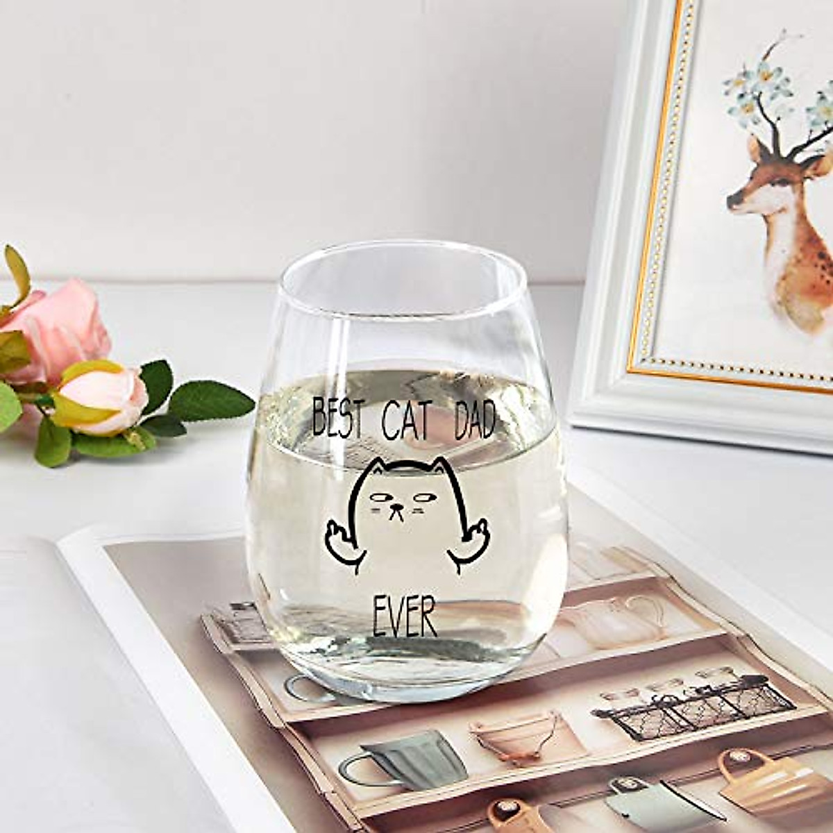 Cat Dad Stemless Wine Glass - Funny Dad Wine Glass for Cat Lovers, Dad, New Dad, Father, Papa, Dad Gifts for Christmas, Birthday, Father's Day 15Oz