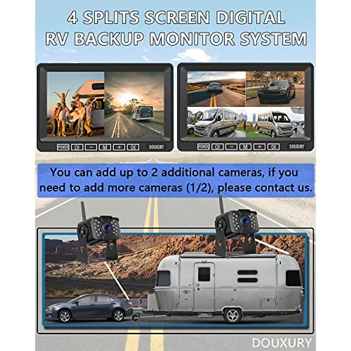 FHD 1080P 2 Digital RV Wireless Backup Camera System for RVs Trailers Trucks Motorhomes 5th Wheels 4CH 7'' Monitor Highway Monitoring System IP69K Waterproof Super Night Vision Strong Signal