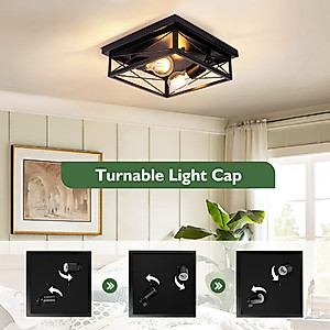 ONELEJA Black Rustic Flush Mount Ceiling Light Fixture, 2 lights Industrial Square Metal Cage Farmhouse Ceiling Light for Hallway Entryway Kitchen Bedroom Porch