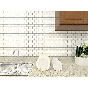 LONGKING 10-Sheet Peel and Stick Tile for Kitchen Backsplash, 12x12 inches Off White Subway Tile with Grey Grout