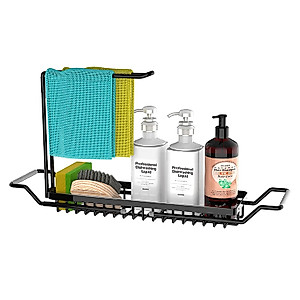 Sink Caddy, Expandable Kitchen Sink Organizer,Stainless Steel Sponge Holder for Kitchen Sink,Over Sink Kitchen Caddy with Dishcloth Towel Holder,Telescopic Sink Rack for Soap,Scrubber Brush (Black)