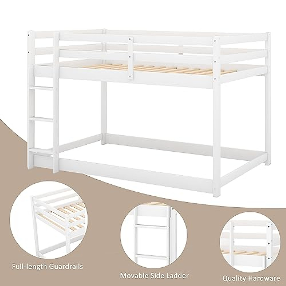 ZJIAH Solid Wood Twin Over Twin Floor Bunk Bed w Ladder, Safety Guard Rails, 400LBS Wooden Twin Bunk Beds for Teens/Adults, Low Bed Frame Bedroom Furniture, No Box Spring Required, White