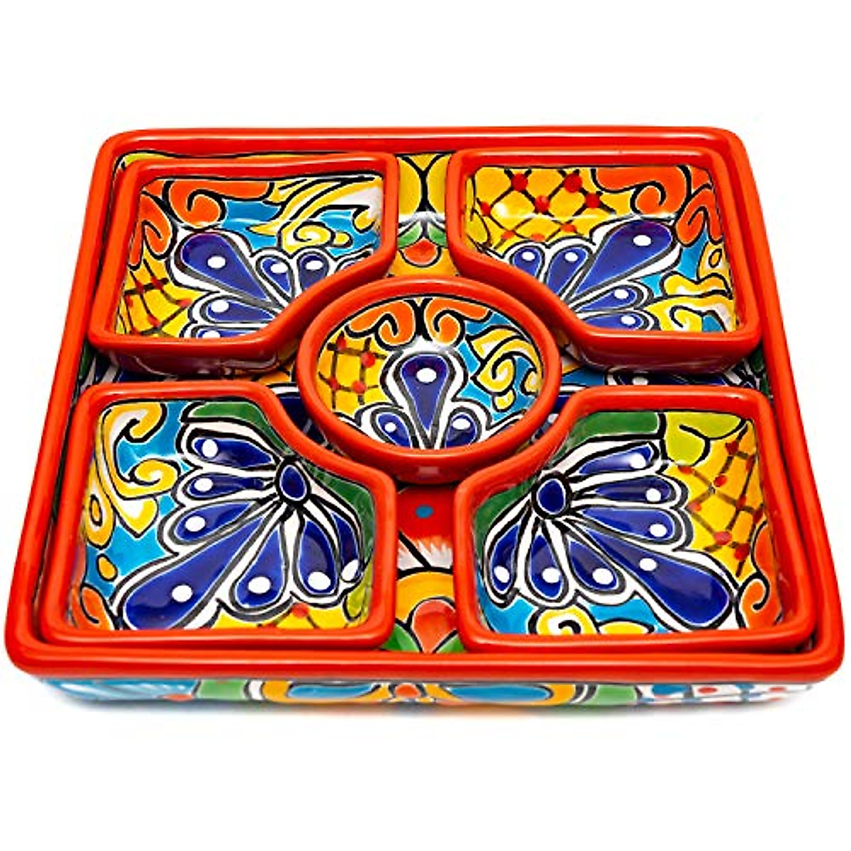 Enchanted Talavera Mexican Pottery Ceramic Large Appetizer Tray Serving Dishes Platter Dish Food Plate Condiments Organizer (Square 6 Piece Set, Red)