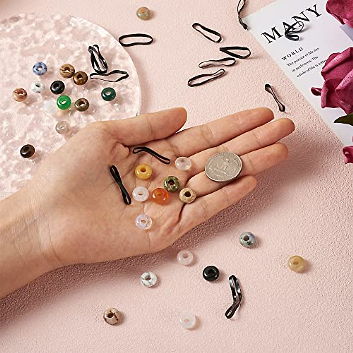 Spritewelry 15 Colors Natural Gemstone European Beads Rondelle Large Hole Loose Beads Dreadlock Hair Braid Beads Kits for Hair Braids Jewelry Bracelet Necklace Making