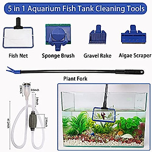 Fish Tank Cleaning Tools, Aquarium Gravel Cleaner Siphon Fish Tank Vacuum Cleaner, Algae Scrapers Set 5 in 1 Fish Tank Gravel Cleaner, Siphon Vacuum for Water Changing and Sand Cleaner (20-65 Gal)