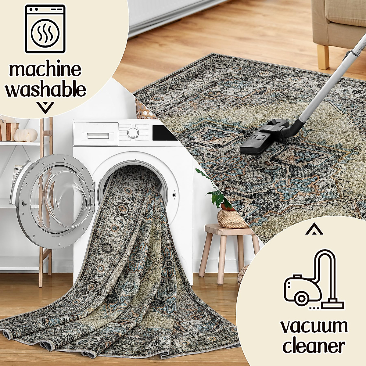 Area Rug Living Room Rugs, 8x10 Machine Washable Rug, Boho Large Rug with Non-Slip Rubber Backing, Non-Shedding Stain Resistant, Indoor Carpet for Bedroom Dining Room Nursery Home Office (Gray/Beige)