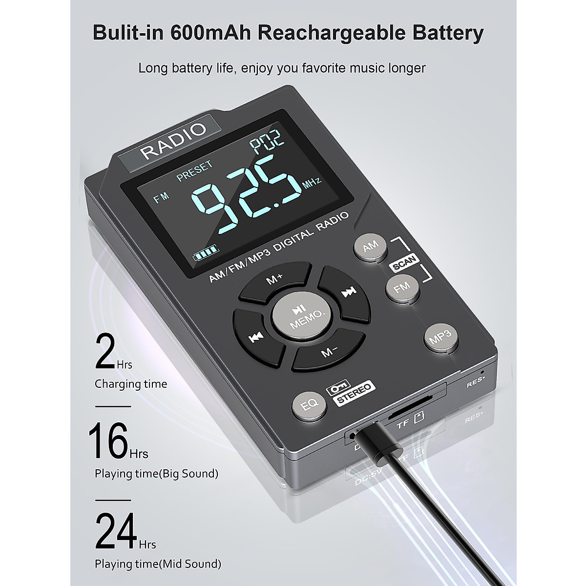 Digital AM FM Radio Portable Pocket Radio with Best Reception,600 mAh Rechargeable Walkman Radio with Stereo Earphone,Personal Radio Support TF Card,Large LCD Screen and Lock Screen