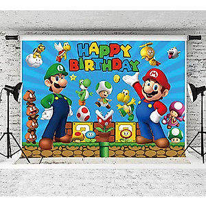 chaungda Super Mario Happy Birthday Banner Backdrops Game Gold Coin Party Supplies Photography Photo Backgrounds Sign Indoor Outdoor Yard Signs Decoration Kids Decor 5x3ft zf-2020967-5x3ft-fba