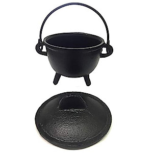 New Age Imports, Inc. Cast Iron Cauldron w/Handle & lid, Ideal for smudging, Incense Burning, Ritual Purpose, Decoration, Halloween Decoration, Candle Holder, etc. (Pot Style 4" Dia (BR90))