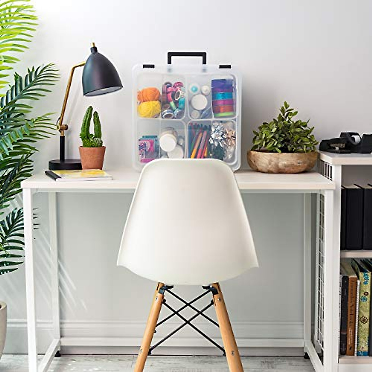 IRIS USA 20 Quart Portable Clear Plastic Storage Bins, Art, Sewing & Craft Organizer Satchel with Handle, Secure Latches, 4 Removable Inner Cups and 4 Dividers, Clear/Black, 1 Pack