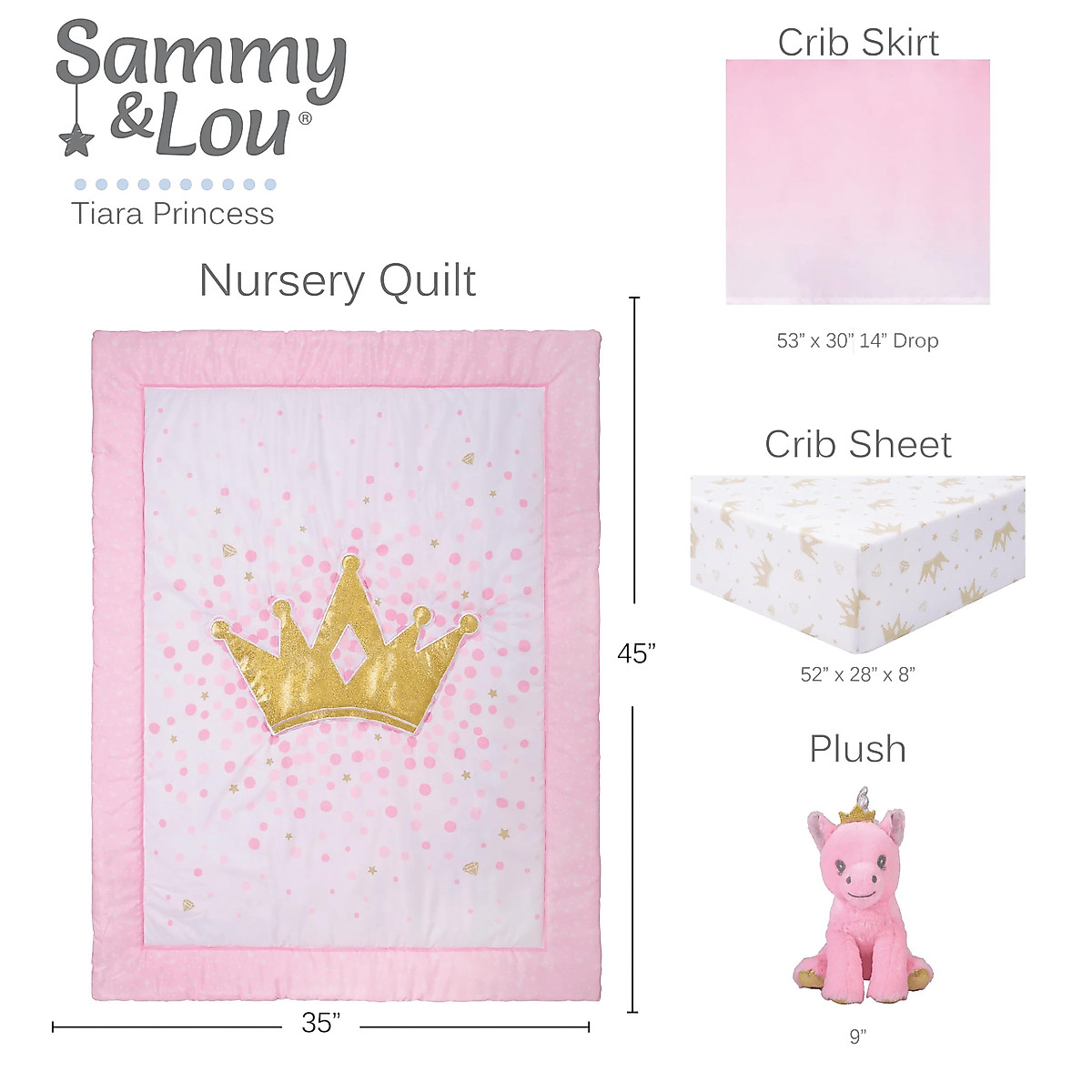 Sammy & Lou Tiara Princess 4-Piece Baby Nursery Crib Bedding Set for Girls, Includes Quilt, Fitted Crib Sheet, Crib Skirt, and Plush Toy