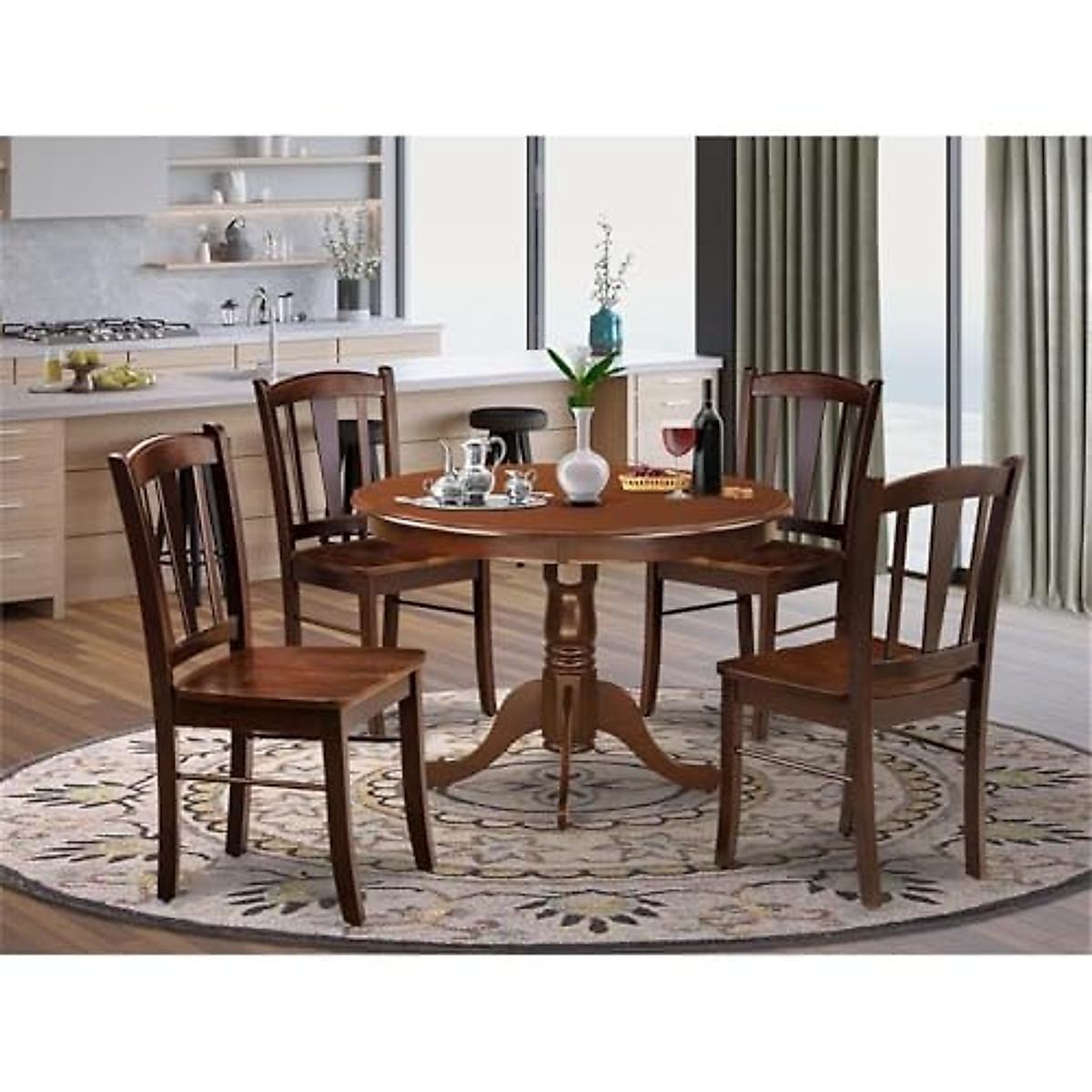 East West Furniture HLDL5-MAH-W 5 Piece Kitchen Table Set for 4 Includes a Round Dining Table with Pedestal and 4 Dining Room Chairs, 42x42 Inch, Mahogany