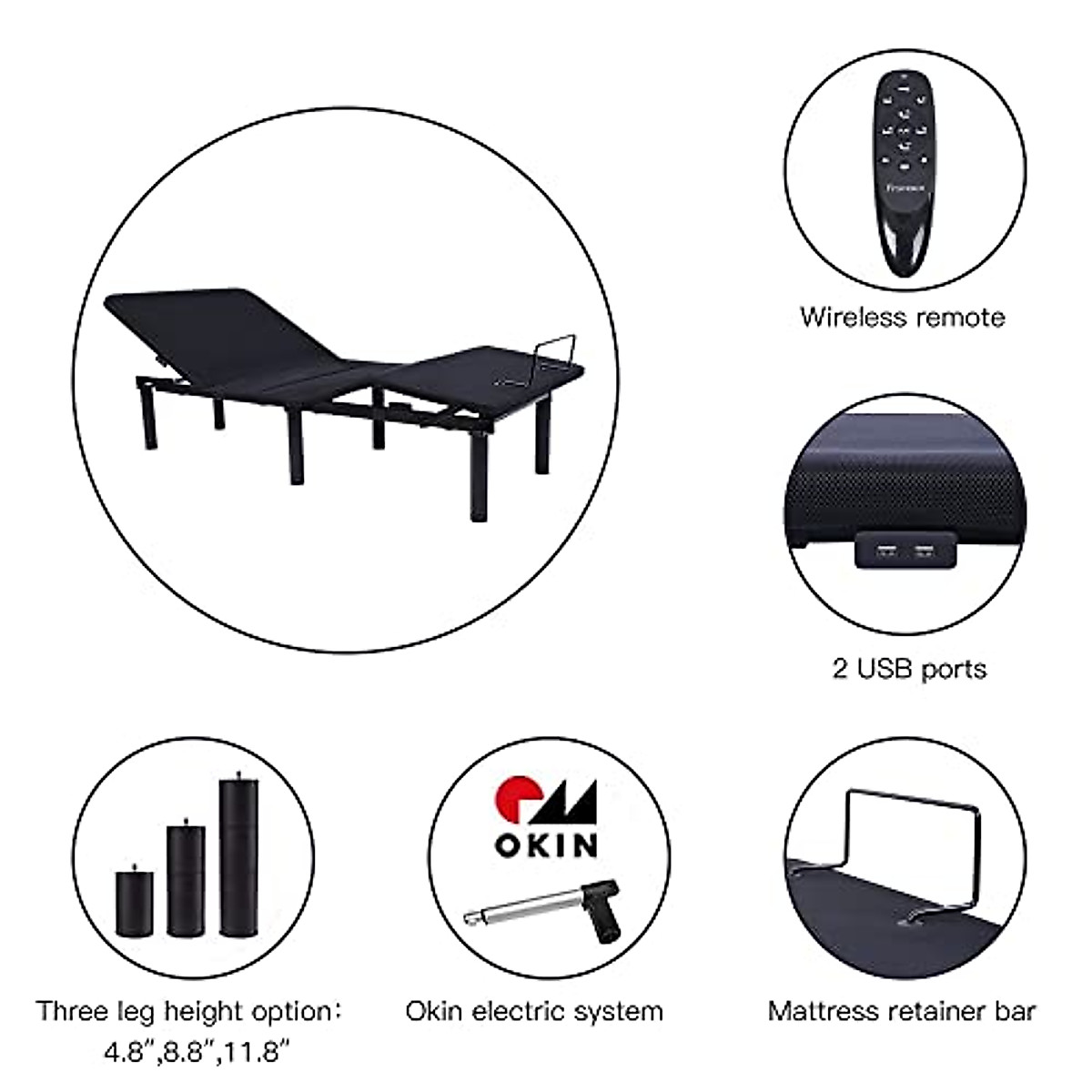 Fromann Twin XL Electric Adjustable Bed Base Frame with Wireless Remote, USB Ports, Zero Gravity, Under Bed Led Lighting, Three Leg Heights and No Tools Assembly