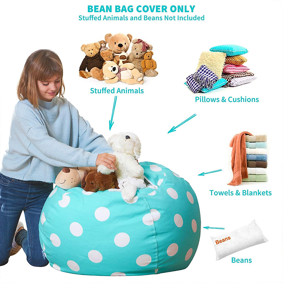 Aubliss Stuffed Animal Bean Bag Storage Chair, Beanbag Covers Only for Organizing Plush Toys, Turns into Bean Bag Seat for Kids When Filled, Large 38"-Canvas Dot Light Aqua