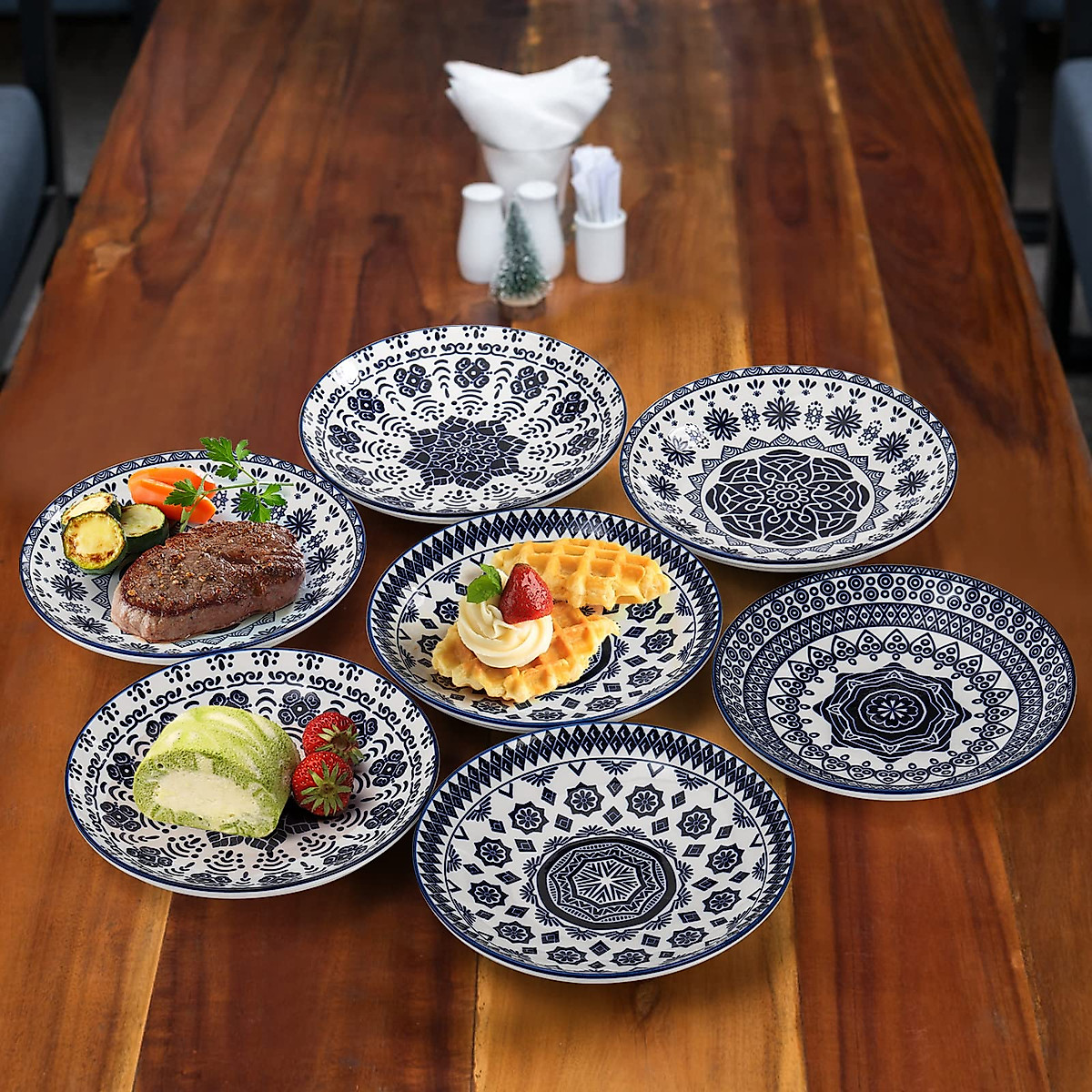 Foraineam 8 Pack Porcelain Salad Plates, 6-3/4 inch Blue and White Floral Shallow Round Serving Plate for Appetizer Salad Dessert and Snack, Microwave & Dishwasher Safe