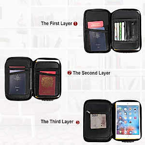 ENGPOW Small Fireproof Storage Organizer Case with Lock(9.4”x 5.9”x 3.2”), 3-Layer Money Safe Coin Organizer Wallet Bag for Cash,Card,Passport,Check,Bill,Travel Home Organizer Carrying Case,Black