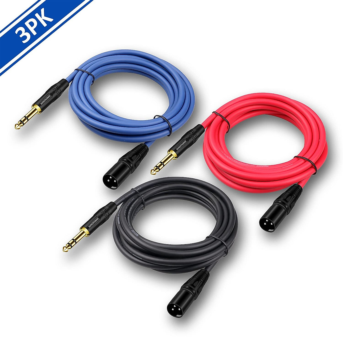 DREMAKE XLR Male to 1/4 Inch 6.35mm/6.5mm TRS Plug Balanced Interconnect Cable 3 Pack, 6 Foot XLR to Quarter inch Mic Cable for Mixing Console, AMP, Speaker System, Power Amplifier