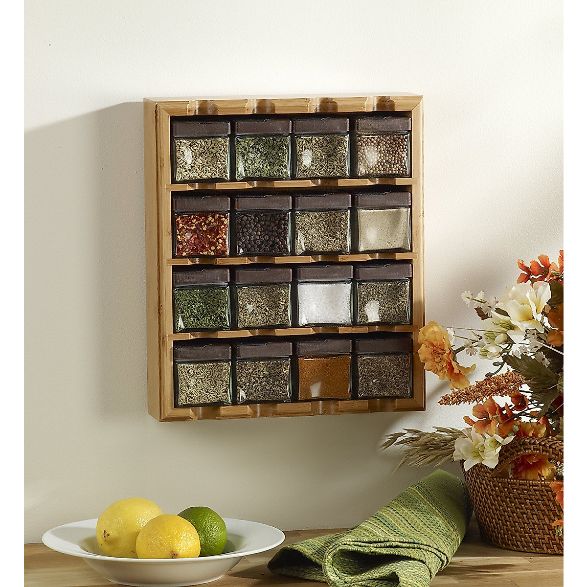 Kamenstein Bamboo Wood 16 Jar Decorative Countertop Spice Rack, with Cube Jars on shelves, Pre FIlled SPice, Filled in the USA, 5 Year Free Refills, Removable Sifter Caps with easy to refill