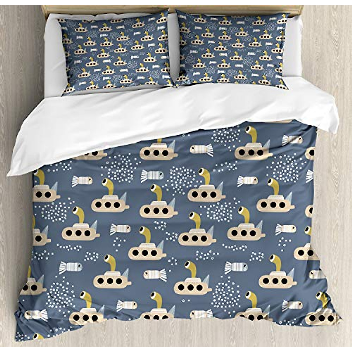 Ambesonne Cartoon Duvet Cover Sets, Style Submarines Fringe Tailed Finless One-Eyed Fishes, Bedding Set with 2 Duvet Covers 4 Pillowcases, 2 Pack Cal King Size, Pale Coffee Slate Blue