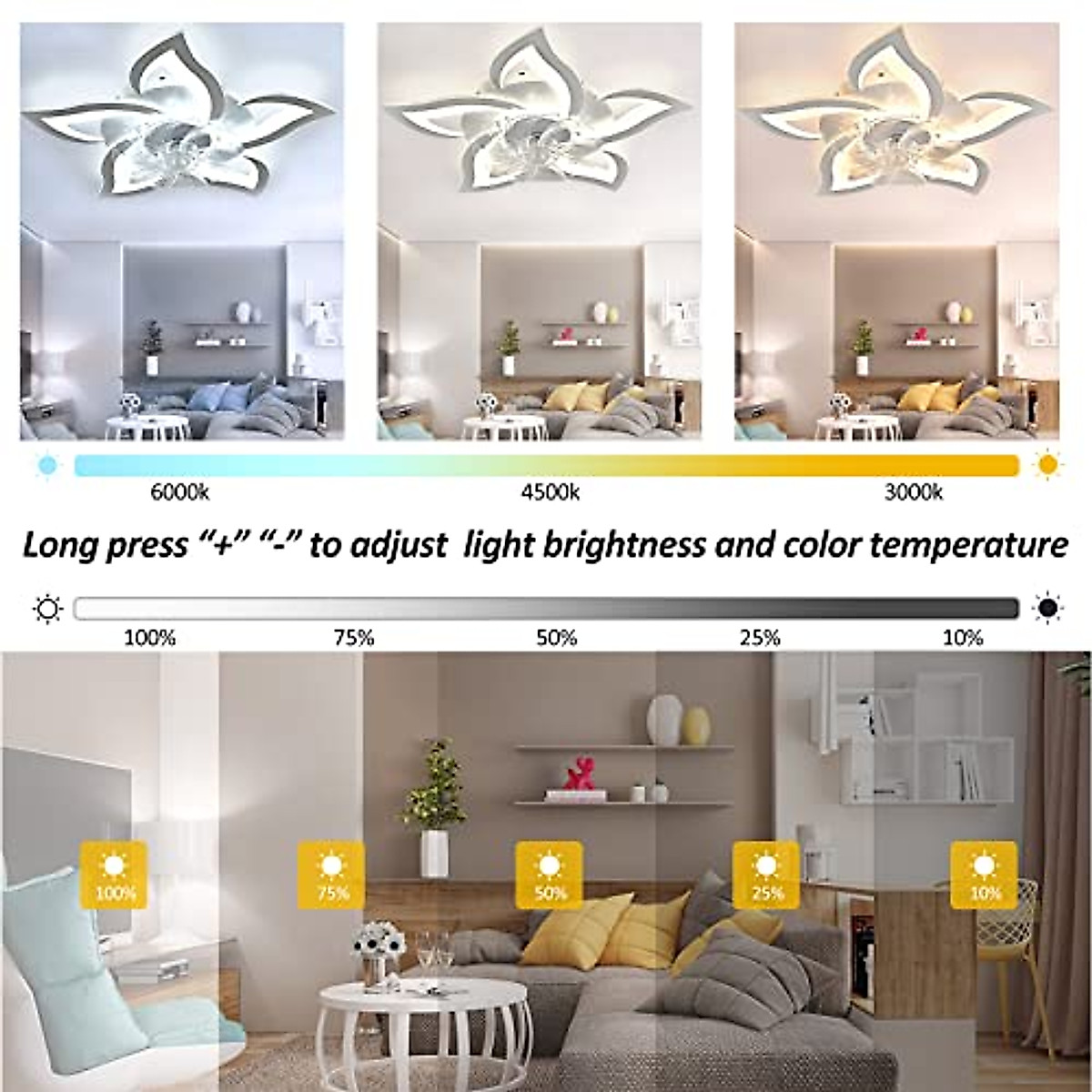 Jesskit 26.8" Ceiling Fan with Lights, Chandelier Ceiling Fans with 3 Color Dimmable and 6 Speeds Remote Control, Modern Indoor Flush Mount Ceiling Fans with Lights for Living Room Bedroom Dining Room