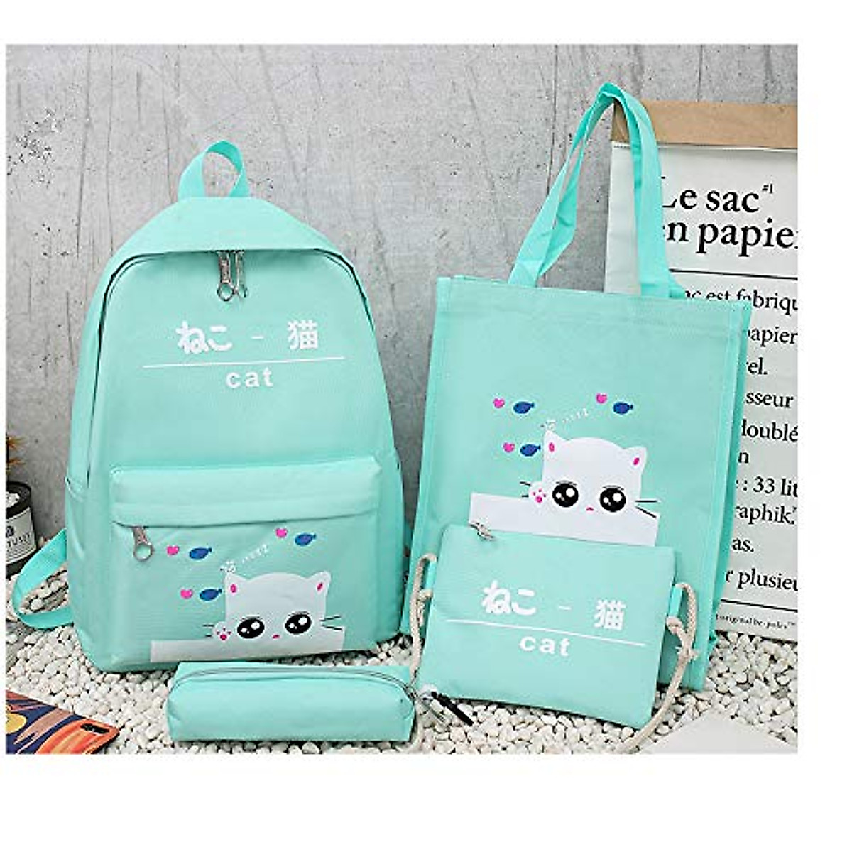 hainan Cat Backpacks Set for Teenage Girls and Student Kitty Printing Bookbag Cute School Bags Teen Girls 4 pcs for One Set Green one size