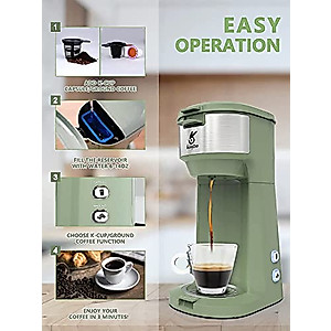 Coffee Maker, Single Serve Coffee Maker Compatible with K-Cup Pod & Ground Coffee, KINGTOO Thermal Drip Instant Coffee Machine with Self Cleaning Function, Brew Strength Control (Red) (Green with Travel Cup)