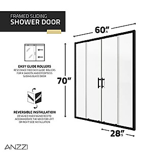 ANZZI 70-in. x 60-in. Framed Double Sliding Shower Door, Resistance Free Hinges for Smooth Opening and Closing, Clear Tempered Glass in Matte Black Finish (SD-AZ15-01MB)