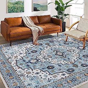 Washable Rug Living Room Rugs: 8x10 Area Rug Large Boho Medallion Distressed Carpets Indoor Soft Floor Anti Slip Carpet for Under Dining Table Bedroom Farmhouse Home Office - Cyan Blue/Beige