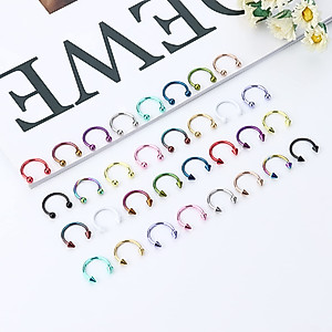 TEN MIRO 32Pcs 16G Horseshoe Nose Septum Rings Surgical Steel Eyebrow Tragus Lip Rings Daith Helix Cartilage Piercing Jewelry for Women Men Balls & Spikes Septum Jewelry 10mm