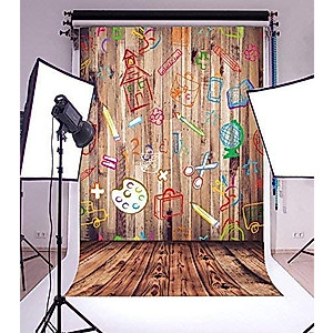 Leowefowa Back to School Backdrop 5x7ft Vinyl Photography Backdrops Hand Painted Pencils House Books on Vintage Retro Stripes Wood Floor Background Baby Kids Children Photo Studio Props