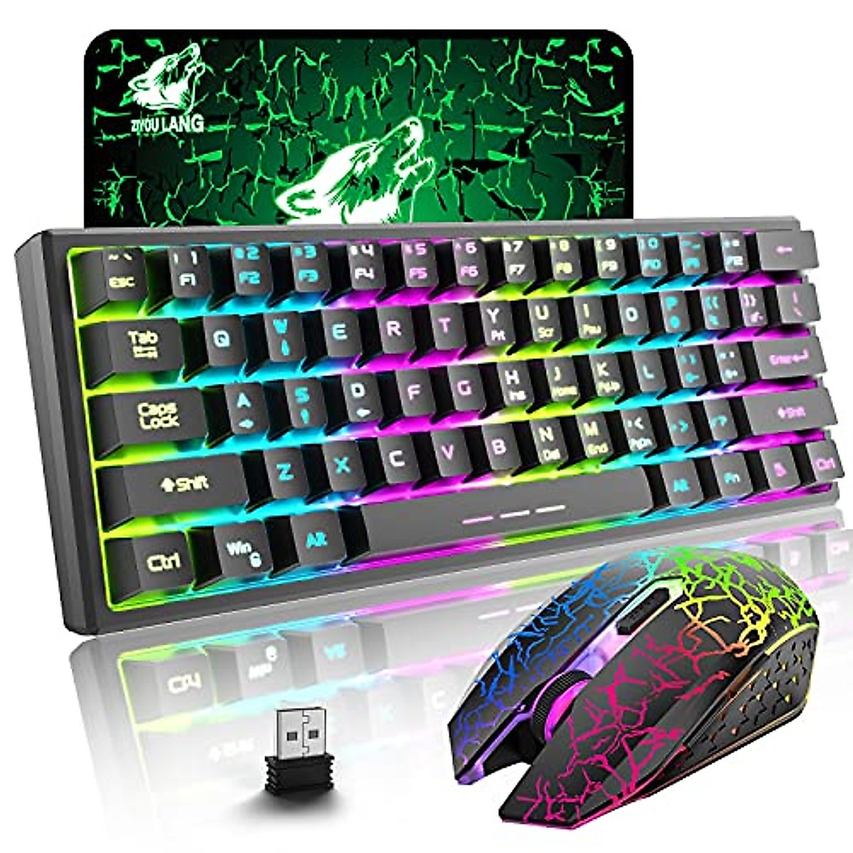 ZIYOU LANG T61 Wireless Gaming Keyboard and Mouse Combo with Ergonomic 61 Key Rainbow LED Backlight Anti-ghosting Mechanical Feel Rechargeable 4000mAh Battery Mouse Pad for PC MAC Gamer Typists(Black)