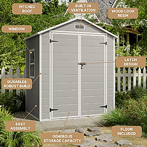 Gizoon 6x4.4 FT Plastic Outdoor Storage Shed, Resin Garden Tool Sheds & Outdoor Storage House with Single Lockable Door, Resin Shed for Patio Furniture, Backyard Garden Patio Lawn, Grey