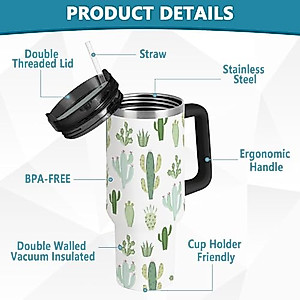 Cactus Green Succulents Plants Insulated Tumblers 30 oz Water Bottle Stainless Steel Tumbler Cups with Handle and Straw BPA-Free Travel Coffee Mug for Camping Office