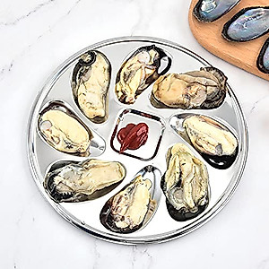 ZOOFOX 3 Pack Stainless Steel Oyster Plate, 8 Slots Oyster Grill Pan, Oyster Shell Shaped Tray for Oysters, Sauce and Lemons, 9.8 Inch
